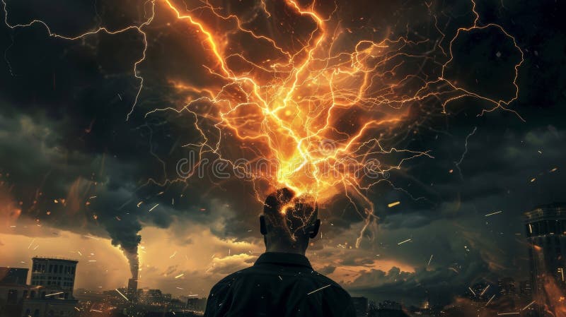 Man with Lightning Emerging from Head in Stormy Cityscape, Dramatic and ...