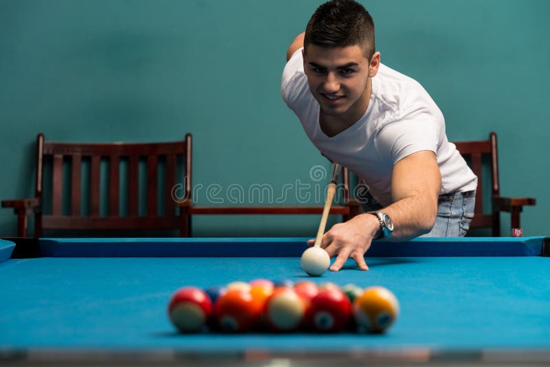Man Lining Ball Up To Break in Pool Stock Image - Image of billiards ...