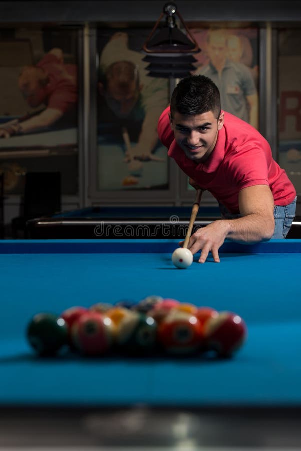 Man Lining Ball Up To Break in Pool Stock Image - Image of sport, hall ...