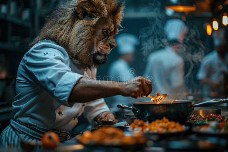 Lion Chef Cooking in a Busy Kitchen Stock Illustration - Illustration ...