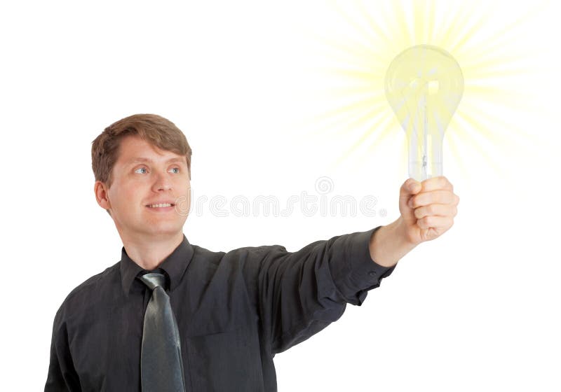 Man Lit by Bright Idea in Form of Electric Light Stock Photo - Image of ...