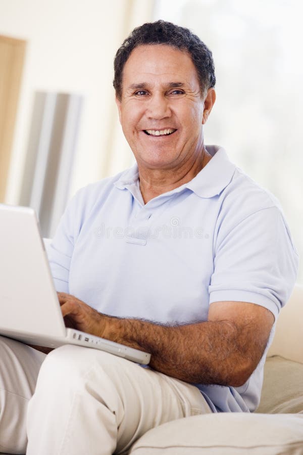 Elderly Man Working on Laptop Smiling Stock Image - Image of american ...