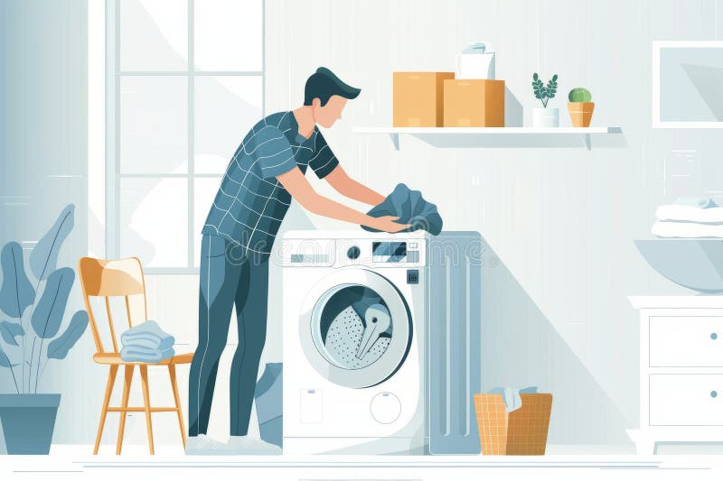 A Man is Loading the Washing Machine with Laundry, Adding Garments One ...