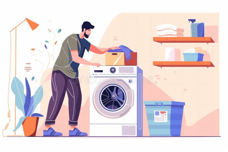 A Man is Loading the Washing Machine with Laundry, Adding Garments One ...