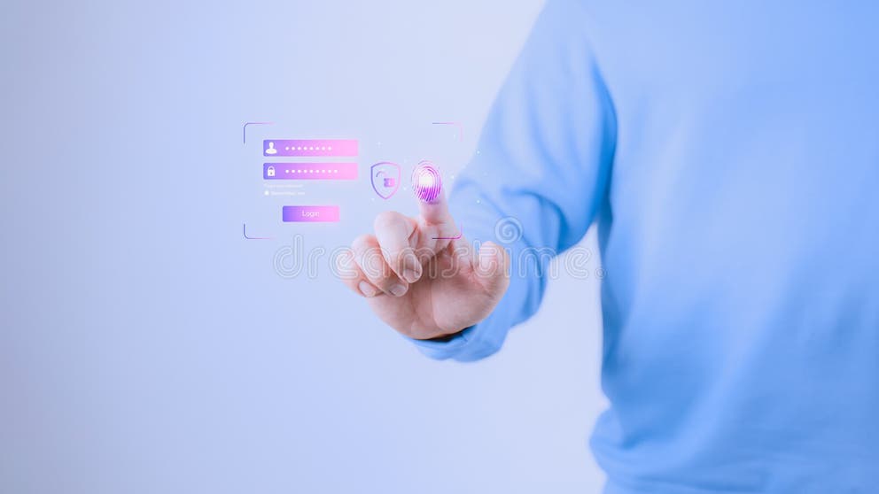 Man Login with Fingerprint Scanning Technology. Security Concepts and ...