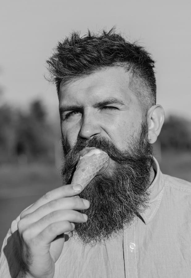 Man With Long Beard Enjoy Ice Cream Sweet Tooth Concept Bearded Man