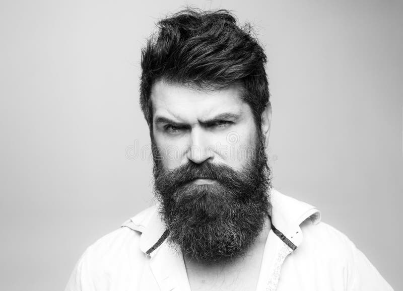 Man With Long Beard Mustache And Stylish Hair Strict Face Guy With