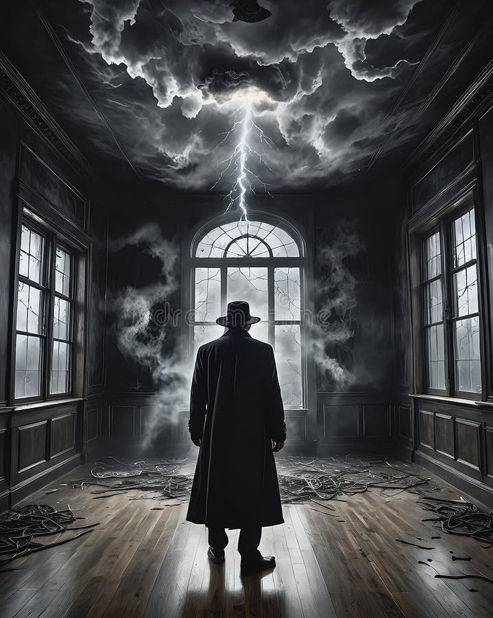 Man in Long Coat and Hat in Spooky Mansion with Magical Lighting Stock ...