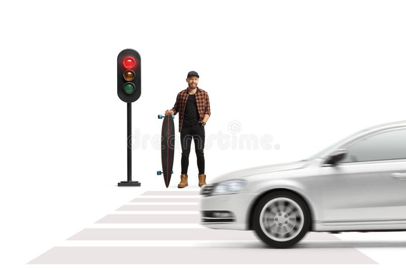 Man with a Longboard Waiting at Traffic Lights Stock Image - Image of ...