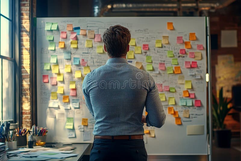 A Man Look To Sticky Notes on a Task Board To Organize Ideas and ...