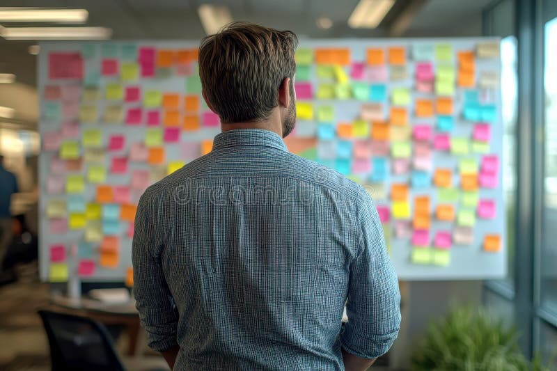 A Man Look To Sticky Notes on a Task Board To Organize Ideas and ...
