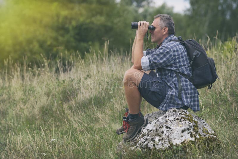 Man Looking through Binocular Stock Image - Image of magnification ...