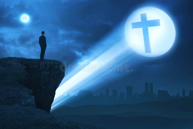 Man Looking Bright Cross Edge Cliff Stock Photos - Free & Royalty-Free ...