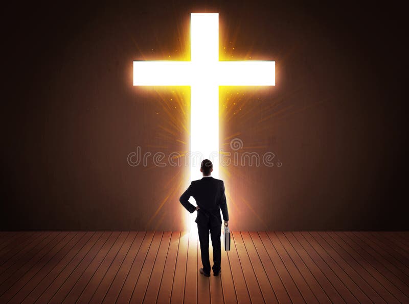 Man Looking at Bright Cross Sign Stock Photo - Image of calling, future ...