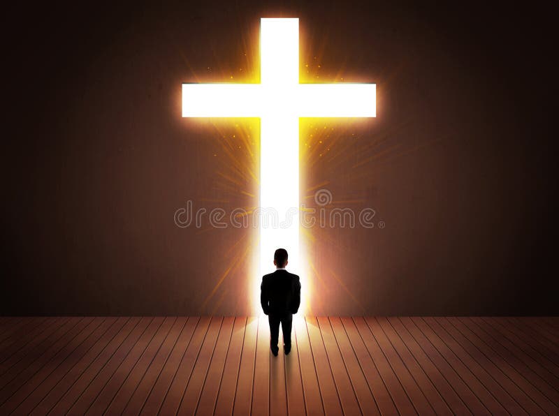 Man Looking at Bright Cross Sign Stock Image - Image of gate, jesus ...