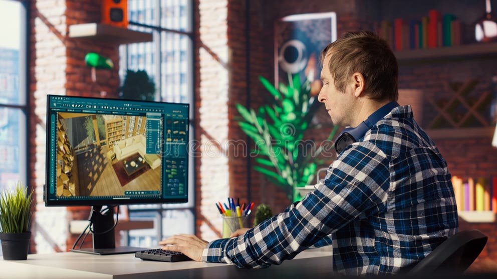 Man Looking at CAD Software Interface on PC, Making Home Floor Plans ...