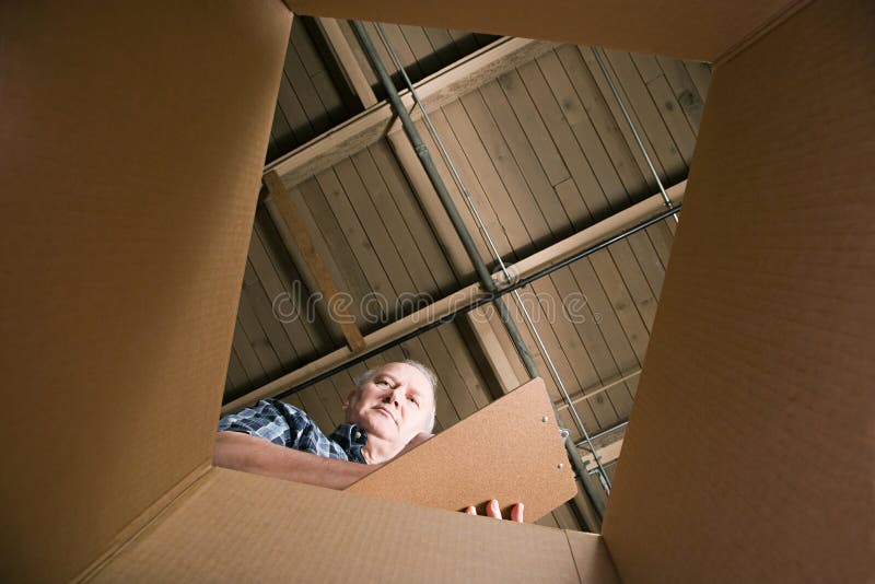 Man Looking in Cardboard Box Stock Photo - Image of checking, industry ...