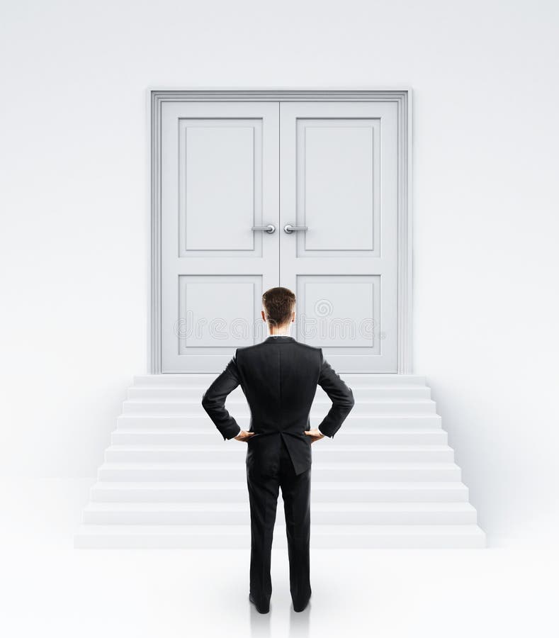 Man Looking at Closed Doors Stock Image - Image of interior, concept ...