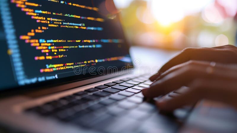 Man Looking at Computer Blue Screen with Charts and Data Stock ...