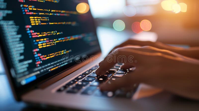 Man Looking at Computer Blue Screen with Charts and Data Stock ...