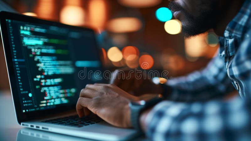 Man Looking at Computer Blue Screen with Charts and Data Stock ...