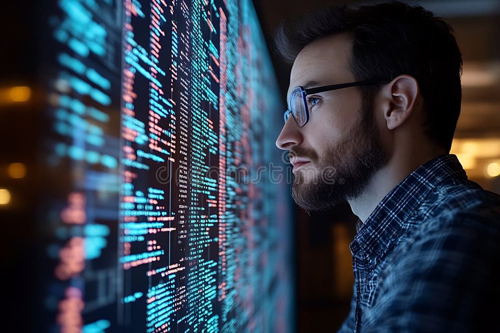 A Man Looking at Computer Code Displayed on a Screen Stock Photo ...