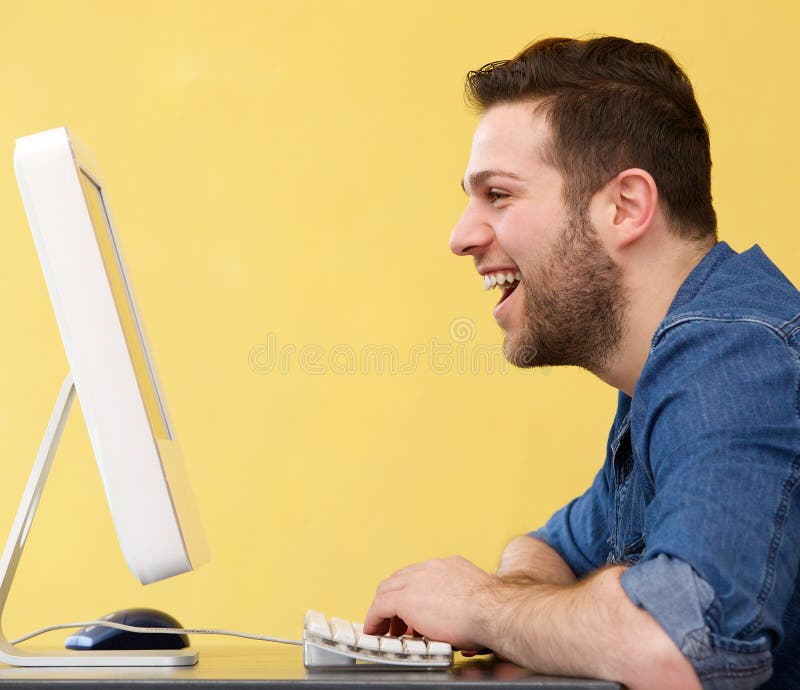 Man Looking at Computer Screen Stock Photo - Image of handsome, closeup ...