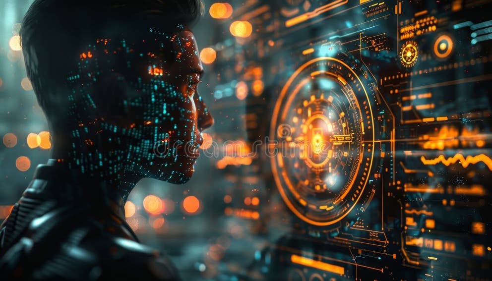 A Man is Looking at a Computer Screen with a Face on it by AI Generated ...