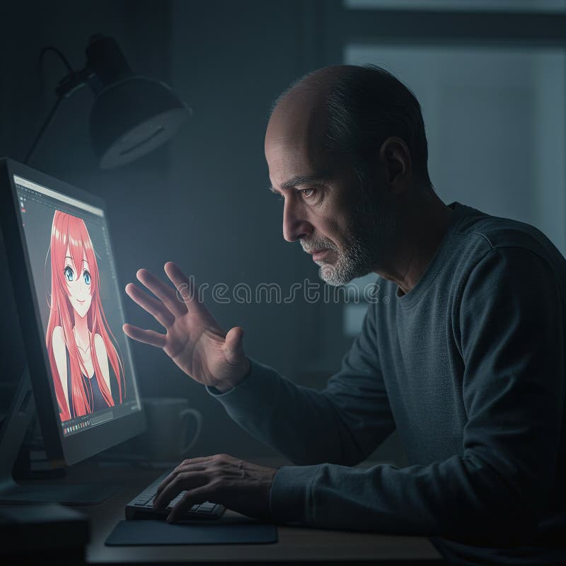Man Looking at Computer Screen with Female Anime Character Waving Hand ...