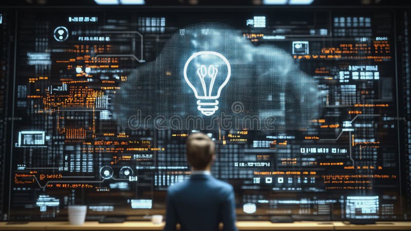 A Man is Looking at a Computer Screen with a Light Bulb on it. Concept ...