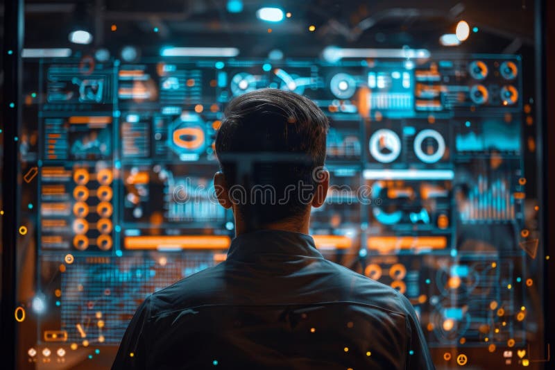A Man is Looking at a Computer Screen with Many Different Colored ...