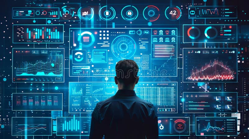 A Man is Looking at a Computer Screen with Many Different Colored ...