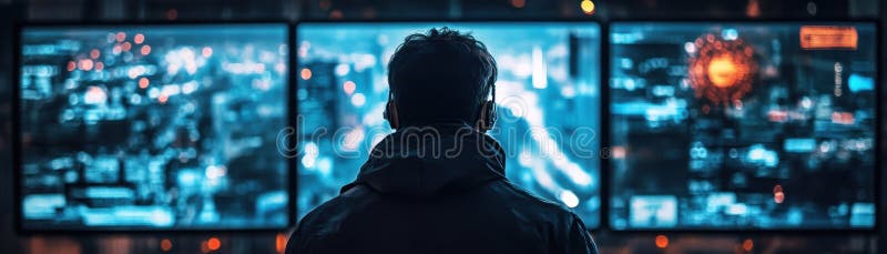 A Man is Looking at a Computer Screen with Three Monitors Stock Photo ...