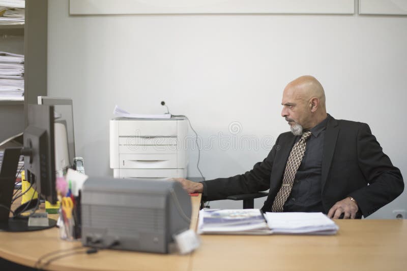 Man Looking Computer at Work, Side View Stock Image - Image of ...