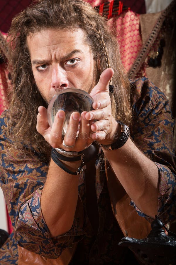 Gypsy Man with Crystal Ball Stock Image - Image of startled, surprised ...