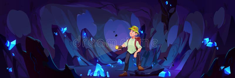 Man Looking For Crystal Treasure Inside Mine Cave Stock Vector Illustration Of Treasure