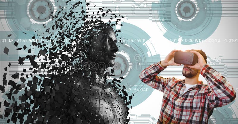Man Looking at 3d Scattered Human Figure on VR Glasses Stock Photo ...