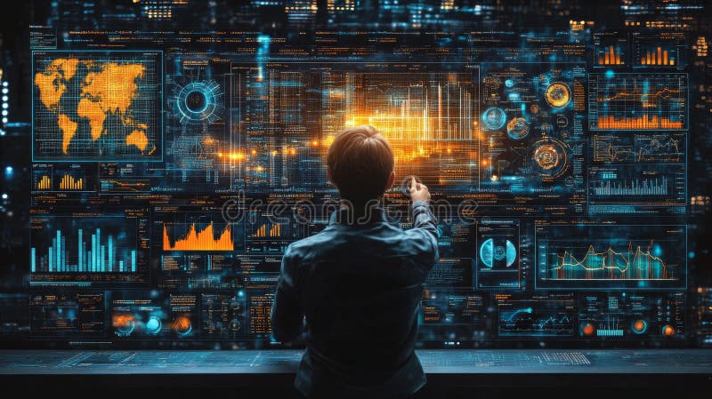 Man Looking at Data Screen. Business Analysis. Financial Charts on ...