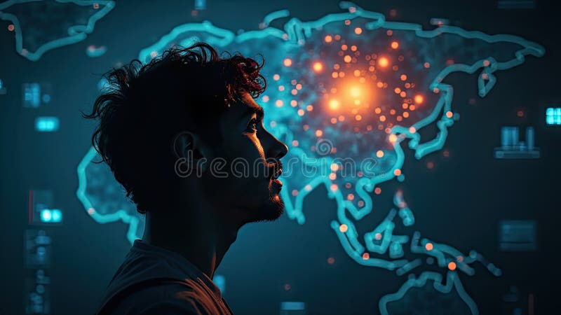 Man Looking at Digital World Map. Stock Illustration - Illustration of ...