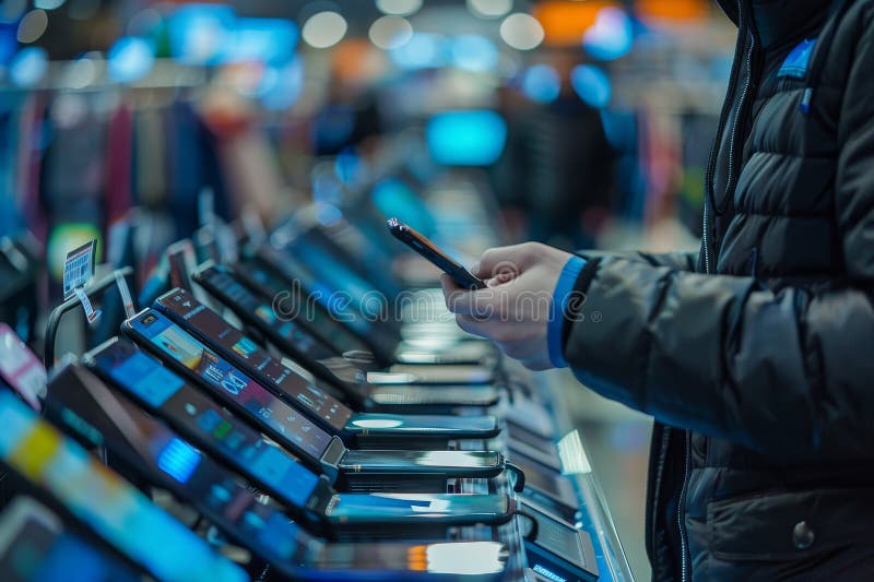 A Man is Looking at a Display of Cell Phones Stock Photo - Image of ...