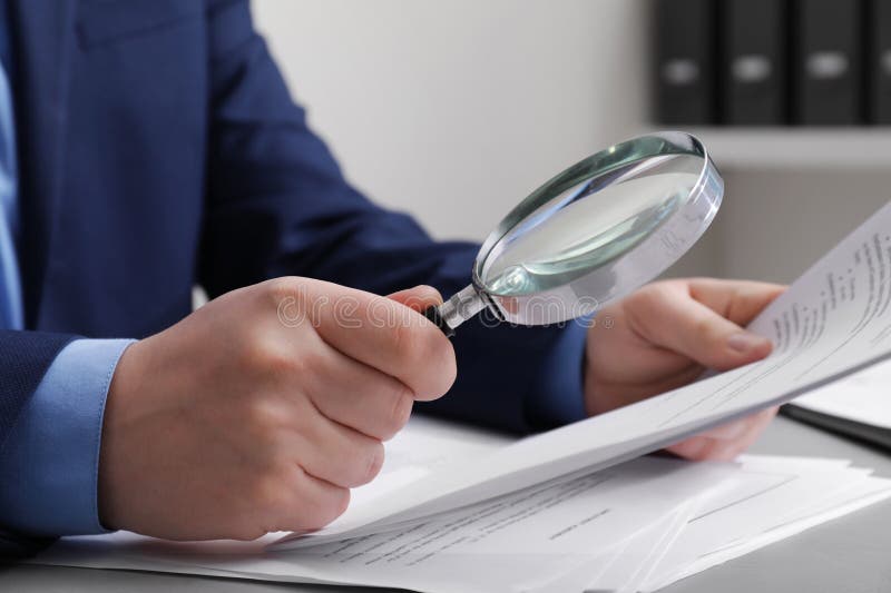 Document and Magnifier Icons on Blue Background. Data Validation ...