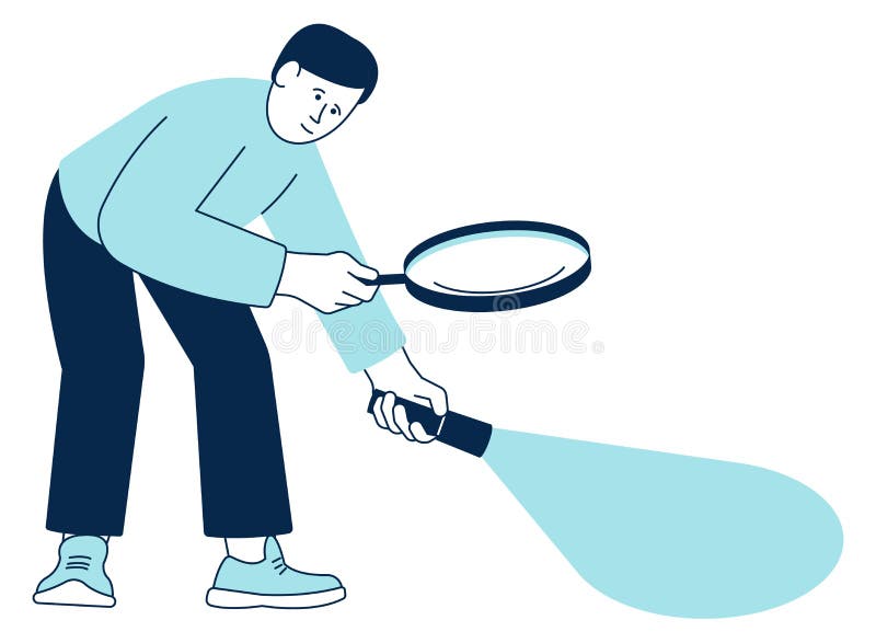 Man Looking with Flashlight and Magnifying Glass. Investigation Icon ...