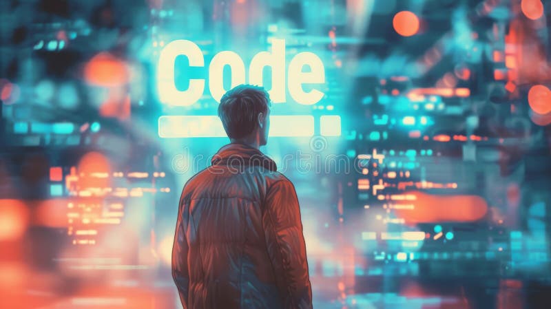 Man Looking at Futuristic Digital Interface with Glowing Code Stock ...