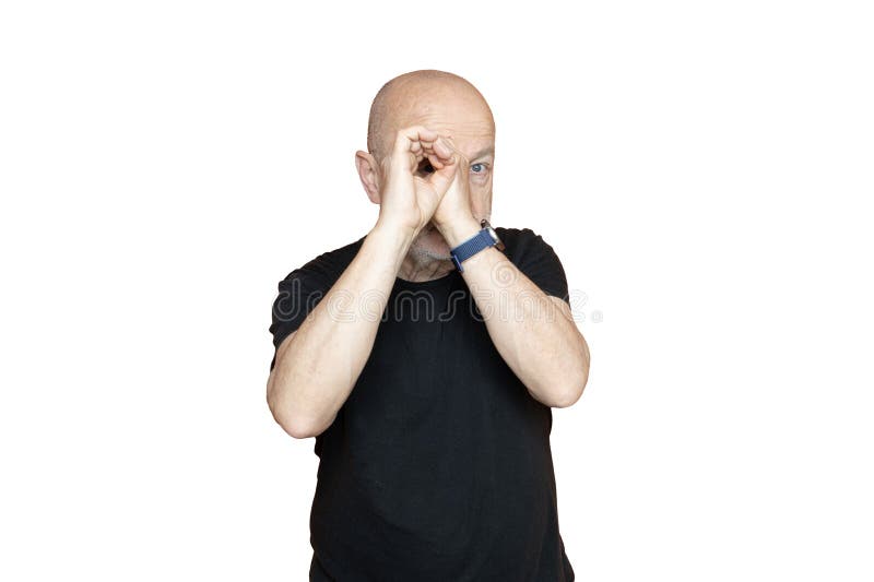 A Man Looking through a Hand in Front of His Face Stock Photo - Image ...