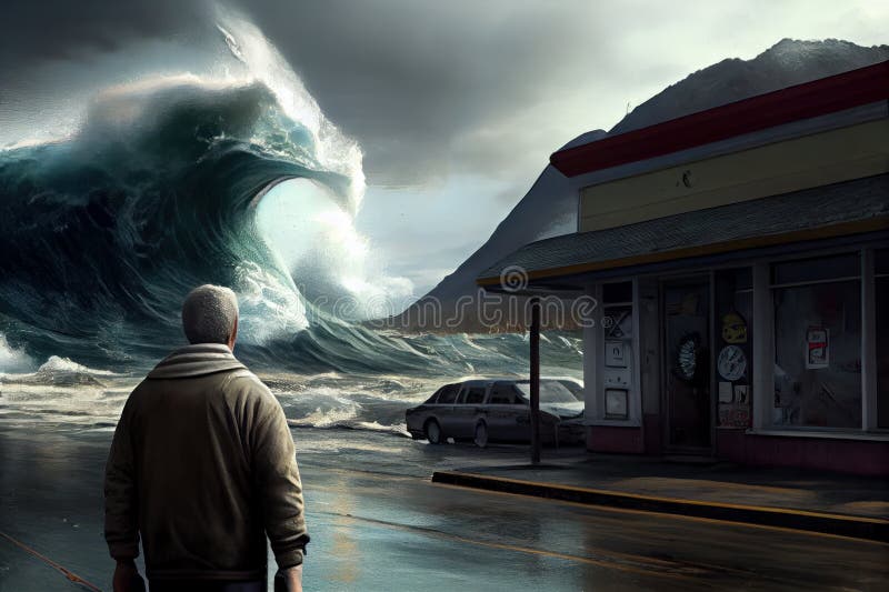 A Man is Looking at a Huge Approaching Tsunami Big Wave. Disaster ...