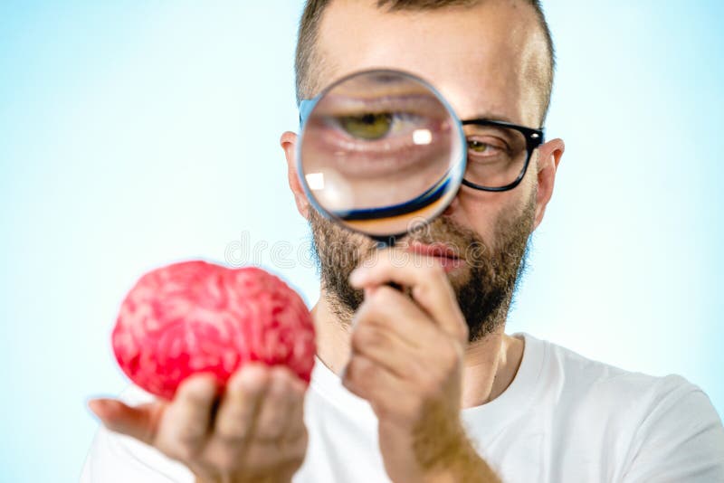 Man looking at human brain stock photo. Image of mind - 173473274