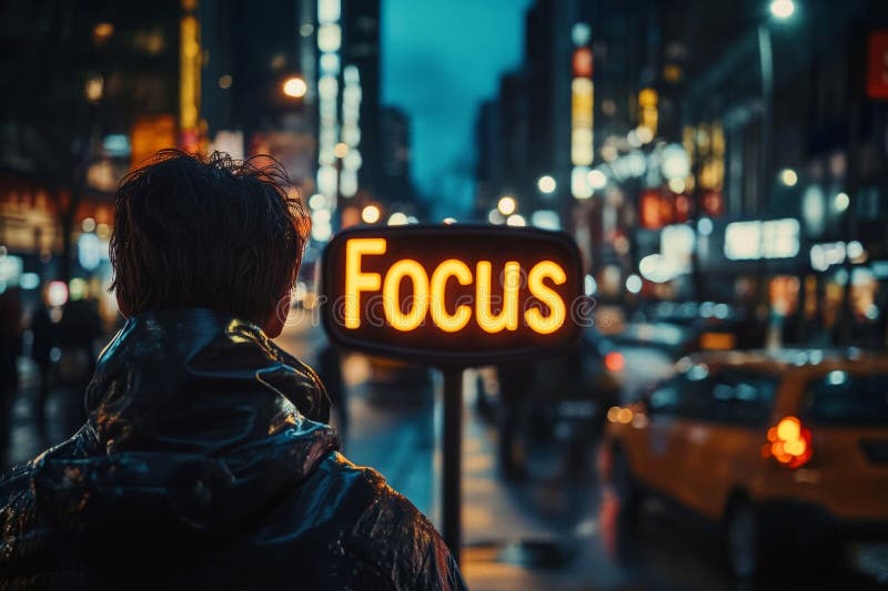 Man Looking at Illuminated Focus Sign on a Pole in Times Square, City ...