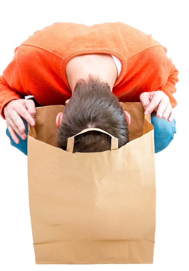 Young Man in Paper Bag on Head Wearing Women S Lingerie Stock Image ...