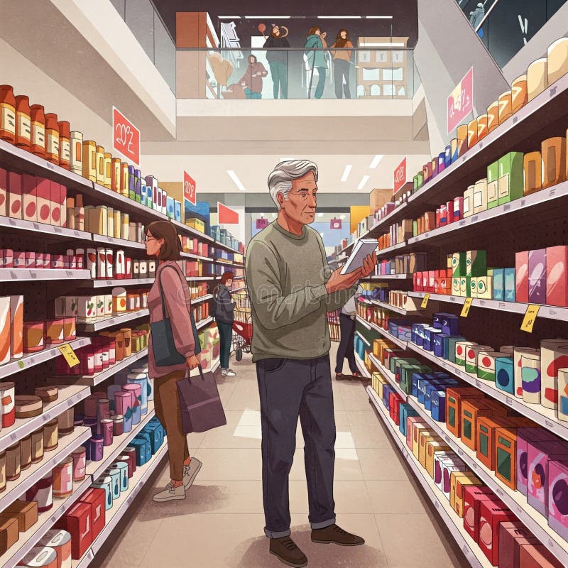 A Man is Looking for Items in the Supermarket Stock Illustration ...