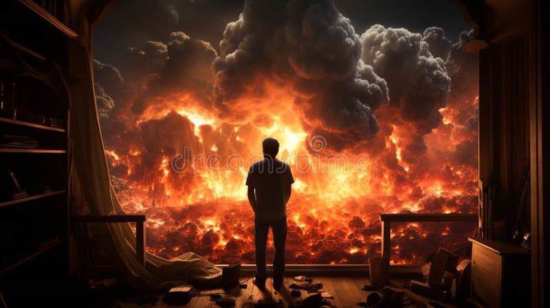A Man Looking at a Large Explosion at His Room Stock Photo - Image of ...